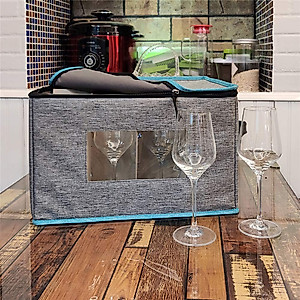 Benzoyl Wine Glass Stemware Storage Box with Lid, Padded Hard Shell Box with Dividers, Handle 12 Holds Wine Glasses Canvas Case, China Storage Containers for Champagne, Wine Gray 2 Packs