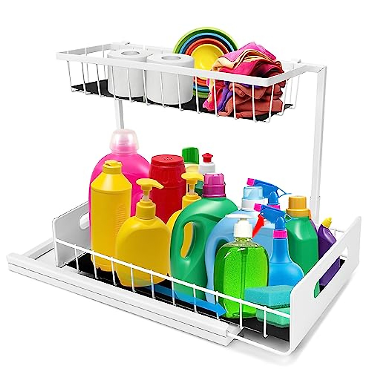 JOLIXIEYE Under Sink Organizer 2 Tier Under Kitchen Sink Organizer Pull Out Cabinet Organizer Multi-Purpose Under Cabinet Storage with Sliding Out for Laundry Bathroom Kitchen,White