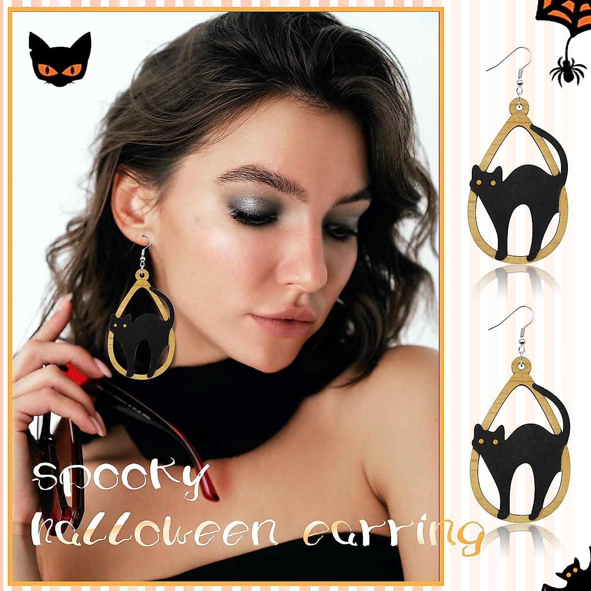 Yomlry Halloween Earrings for Women Pumpkin Black Cat Halloween Jewelry Ghost Bat Spooky Dangle Earrings for Halloween Eve Party Accessories Double-sided Holiday Wood Earrings Set Jewelry Gift black cat