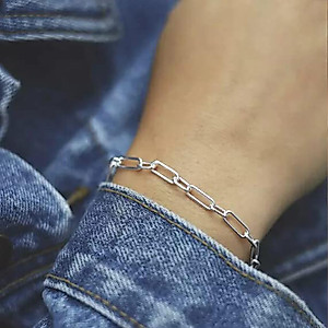 Waitsoul Silver Bracelet for Women 3mm Diamond-Cut Paperclip Chain Bracelet for Men 8.5 Inch