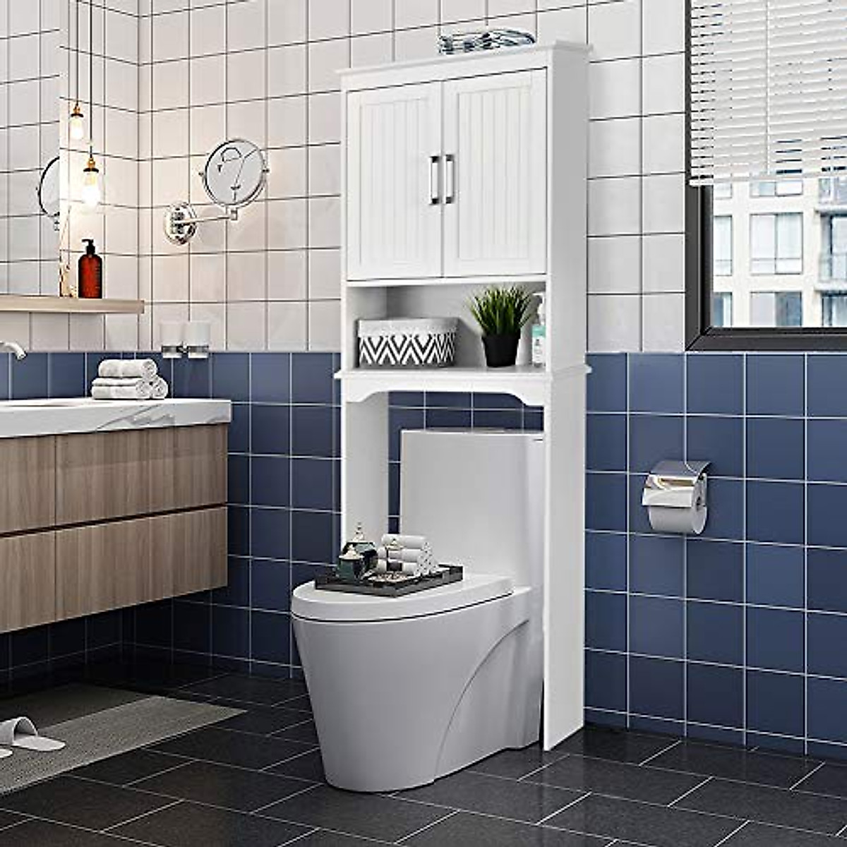 Giantex Over The Toilet Bathroom Space Saver Free Standing Toilet Rack with Adjustable Inner Shelf, Open Shelf and Double Doors 3-Shelf Bathroom Organizer, White