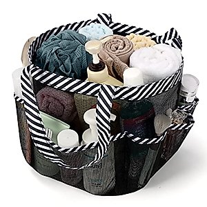 Ndeno Mesh Shower Caddy 8 Pockets Portable, Hanging Portable Toiletry Bag Tote for Men and Women, Quick Dry Bath Organizer Dorm Room Essentials for Beach, Camp, Travel (1pcs, Black Strips)