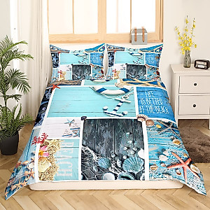 Erosebridal Nautical Theme Duvet Cover King Seashell Conch Starfish Bedding Set Sea Ocean Animal Comforter Cover 3D Beach Theme Patchwork Decor Bed Sets Coastal Lodge Cabin Bedding (No Comforter)