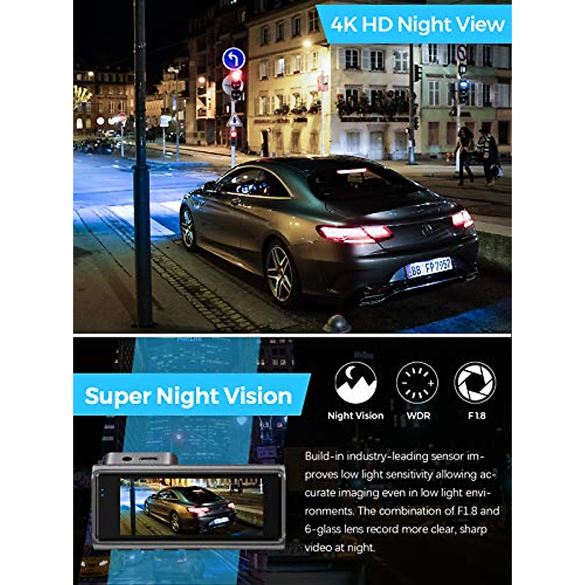 Dash Cam 4K WiFi Ultra HD 2160P Dash Camera for Cars, Car Camera, Dashcams for Cars with Night Vision, 24 Hours Parking Mode, Loop Recording, G-Sensor, APP, Support 256GB Max