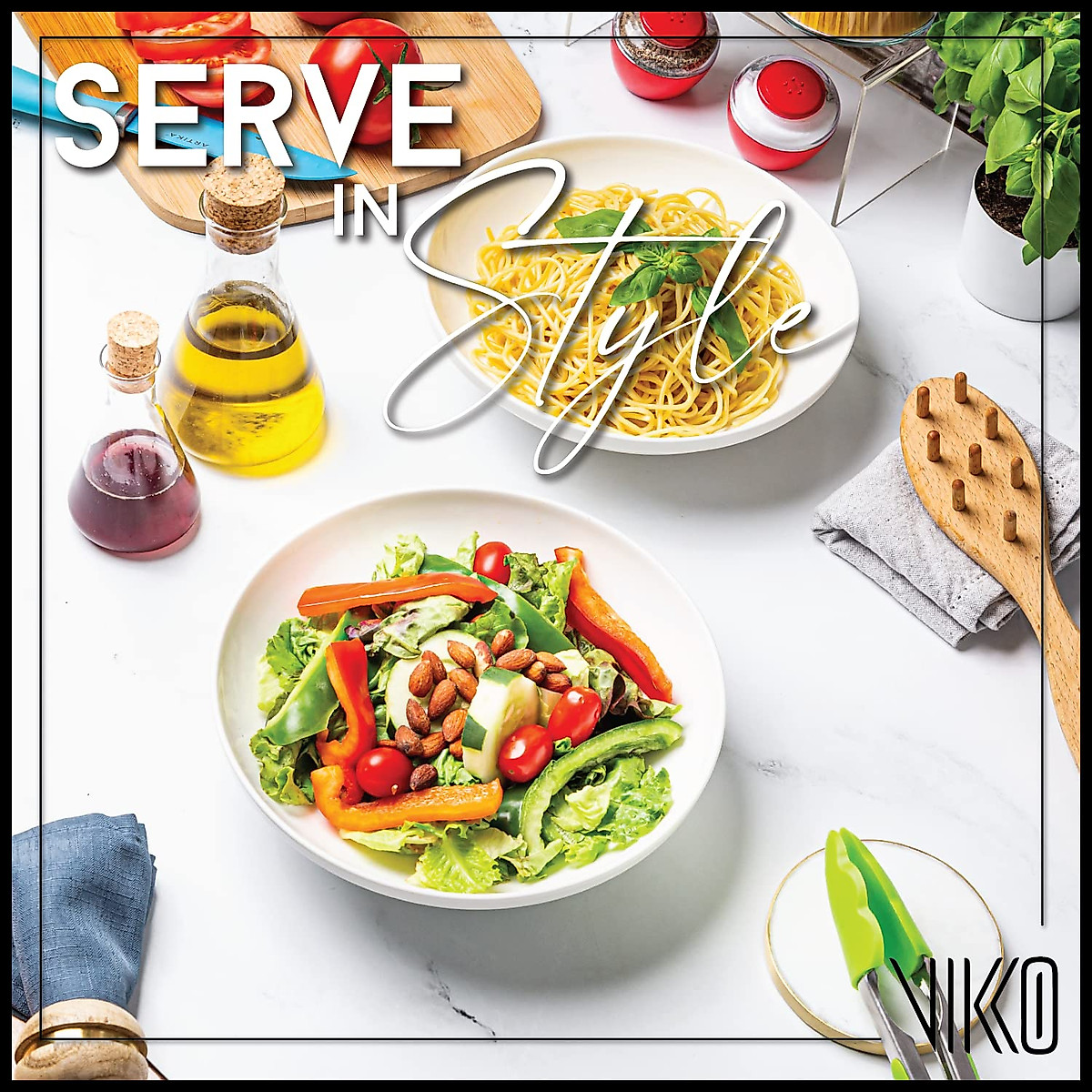 Vikko Pasta Bowls, 8.5 Inch Salad Bowls, White Soup Bowls, Fine Bone China Pasta Bowls, Set of 6, Microwave and Dishwasher Safe