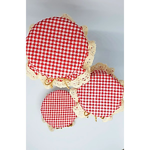 DLK - 10 pieces Elasticated Jar Cover Cloth - 100% Cotton Jar Cover Cloth - Stretchy Red Gingham (Checkered) Pattern - Breathable Fermentation Lid Bowl - Reusable Elastic Cloth Jar Covers