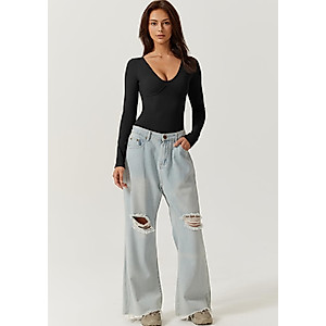 QINSEN Women's High Waist Seamless Slimming Fit Shirt Long Sleeve V Neck Bodysuit Top Black S