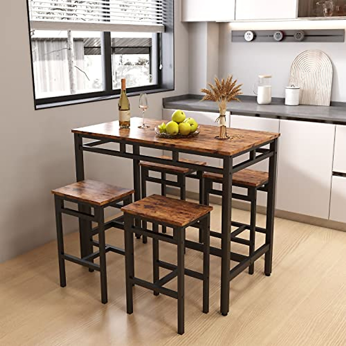 Dining Table Set for 4, CALABASH Kitchen Table and Chairs for 4, 5 Piece Counter Height Dining Sets for Breakfast Nook Restaurant, Apartment, Small Spaces