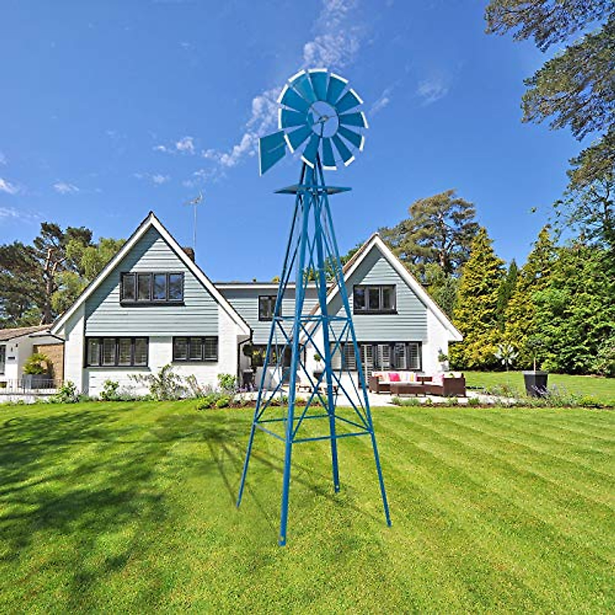 VINGLI Upgrade 8FT Ornamental Windmill Backyard Garden Decoration Weather Vane, Heavy Duty Metal Wind Mill w/ 4 Legs Design, Blue