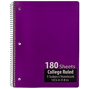 Emraw 5 Subject Notebook Spiral with 180 Sheets of College Ruled White Paper - Set Includes: Red, Black, Purple, & Blue Covers (Random 3 Pack)