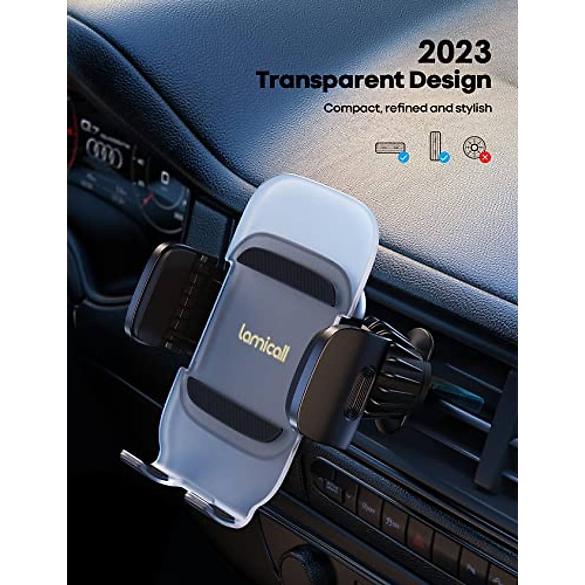 Lamicall Car Vent Phone Holder - 1s Release Air Vent Cell Phone Mount Cradle, 2023 Upgrade Phone Clamp with Airbag, Metal Vent Clip, Hands Free, for 4 to 7" Phones, Like iPhone 14 Pro Max, Galaxy S23