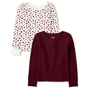The Children's Place Girls' Long Sleeve Fashion Thermal Top, Floral/Maroon 2 Pack, Medium