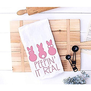 Handmade Happy Easter Kitchen Towels - 100% Cotton Pink Peepin It Real Cute Easter Dish Towel for Kitchen or Bathroom - 28x28 Inch Cute Housewarming Spring Cooking Party (Peepin It Real)