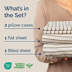 Queen Size 4 Piece Sheet Set - Comfy Breathable & Cooling Bed Sheets Set - Hotel Luxury Bedding for Women, Men, Kids & Teens - Deep Pockets, Easy-Fit, Soft & Wrinkle Free - Oeko-Tex - Beige Stripes