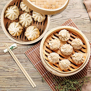 Flexzion Bamboo Steamer Basket Set (10 inch) with Stainless Steel Banding, 50 x Steamer Liners and 2 Pairs of Chopsticks, Steam Baskets for DimSum Dumplings, Rice, Vegetables, Fish and Meat