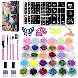 Temporary Glitter Tattoos Kit for Kids, 24 Large Glitter Colors & 6 Fluorescent Colors, 105 Stencils, Body Glitter Nail Art Glow in Dark Tattoo, Body Glitter Festival Party with 5 Brushes 2 Glue