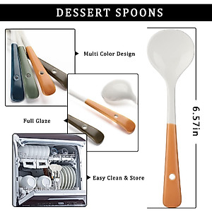 Ceramic Dessert Spoon Long Handle Dinner Spoons Set of 4 Korean Porcelain Spoons for Eating Dessert Appetizers Cereal (Double Color)