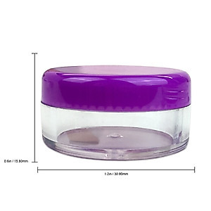 50 Empty 5 Grams Acrylic Clear Round Jars - BPA Free Containers for Cosmetic, Lotion, Cream, Makeup, Bead, Eye shadow, Rhinestone, Samples, Pot, Small Accessories 5g/5ml (Purple Lid)