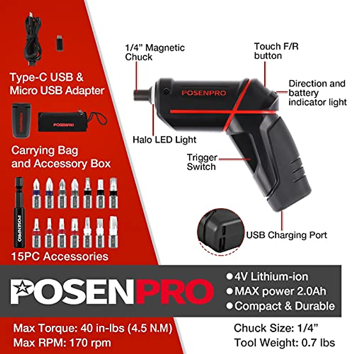 POSENPRO Cordless Electric Screwdriver, 4V Rechargeable Power Screwdriver with 15 Pcs Accessories, Screw Gun with Halo LED Light, Touch F/R Button, USB Cable, Carrying Bag & Accessory Box