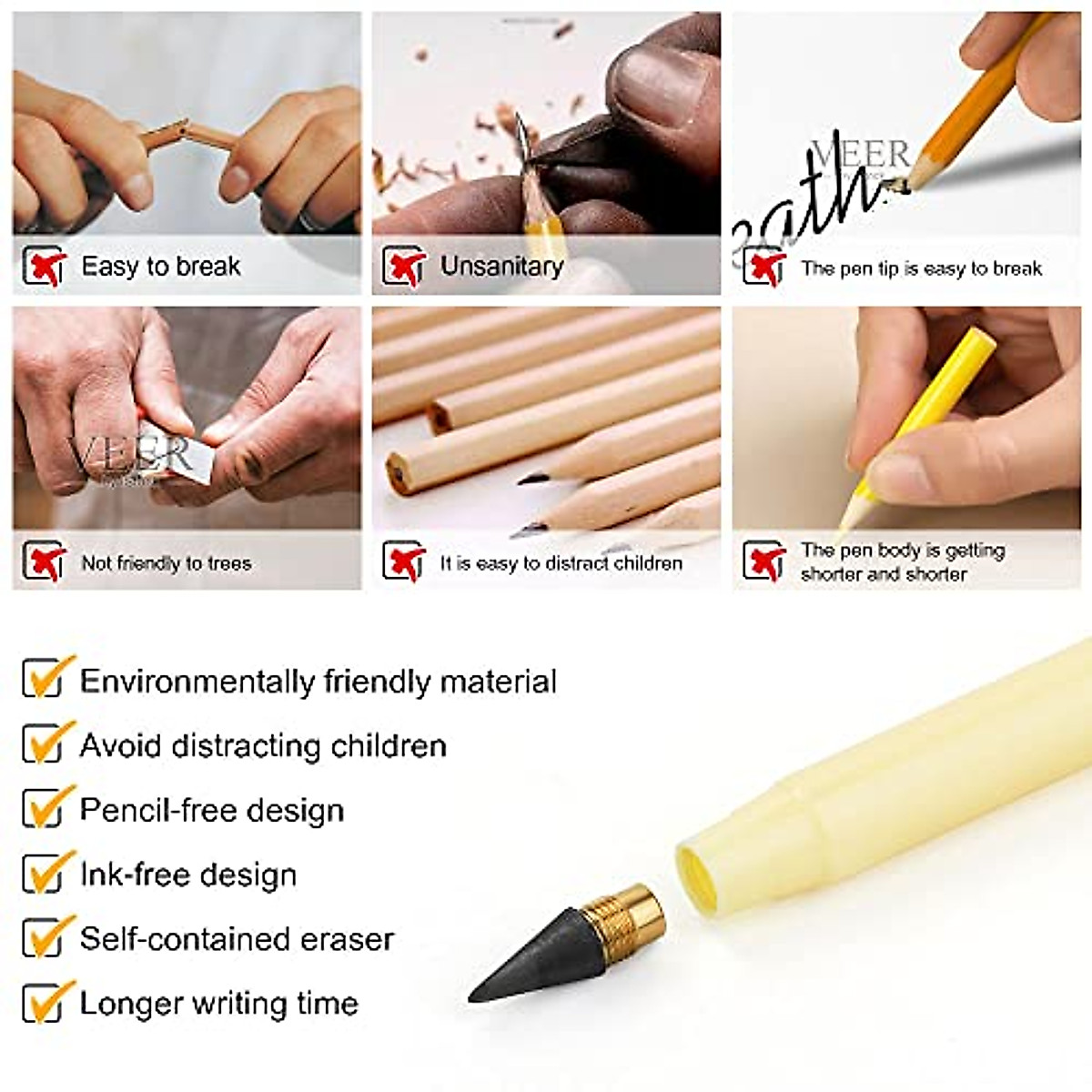 Ainiv 10 PCS Inkless Magic Pencil Everlasting Pencil Eternal with Macaron Eraser, Infinity Reusable Pencil for Writing Drawing with Extra 10 Erasers,Cute Morandi Pencils Home Office School Supplies