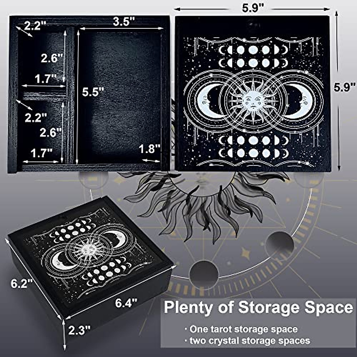 Hukalw Wooden Tarot Card Case Holder, Deck Box Organizer Storage Compatible with Most sizes Cards, 3 Storage Compartments