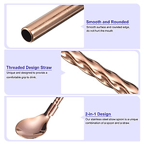 uxcell Stainless Steel Spoon Straws, 4Pcs 8.6" Reusable Metal Long Handle Drinking Straws Spoon for Milkshake Drinks Cocktail, Rose Gold