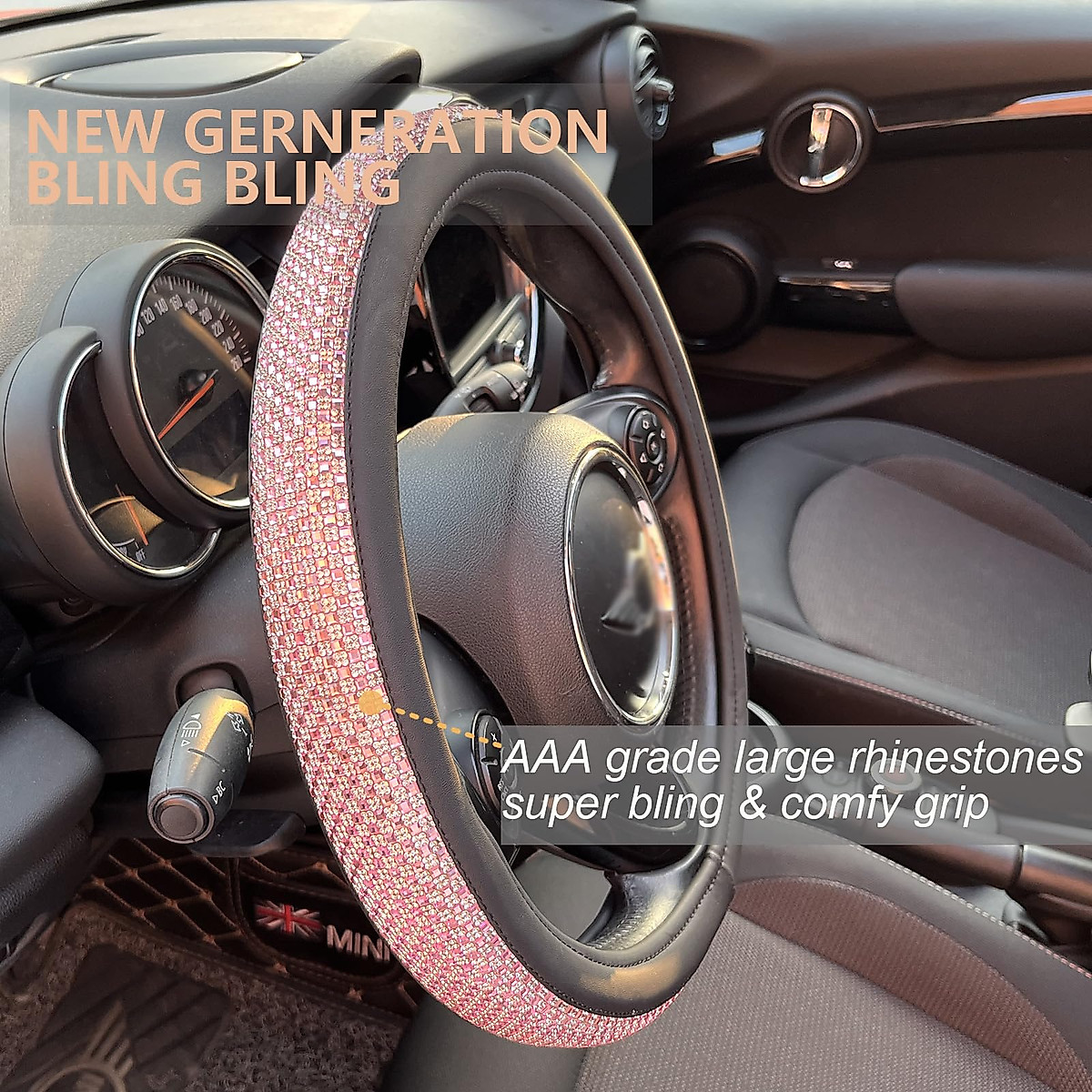 PINCTROT Bling Bling Comfy Steering Wheel Cover with Jumbo Crystal Rhinestones, Anti-Slip Diamond Leather, Universal 14.5-15 Inch (Pink)
