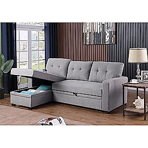 Pemberly Row Contemporary Fabric Reversible Sleeper Sectional Sofa in Light Gray