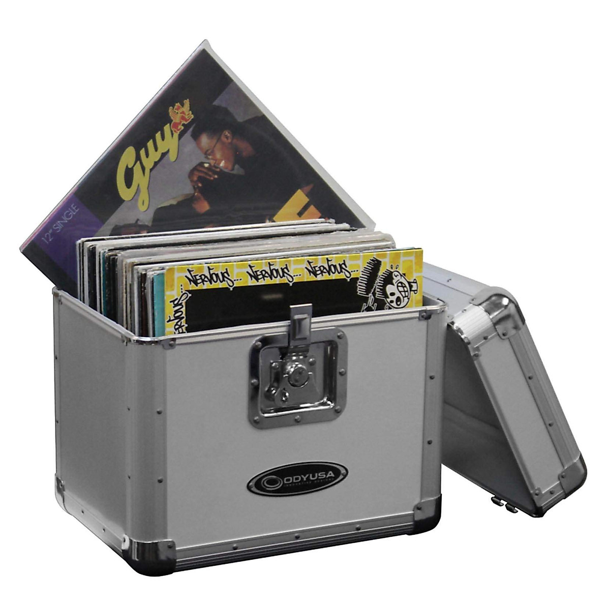 Odyssey KROM Series Record Utility Case for 70 Individual 12" Vinyl Records and LPs with Foam-Lined Interior, Secure Lock, and Handle, Silver