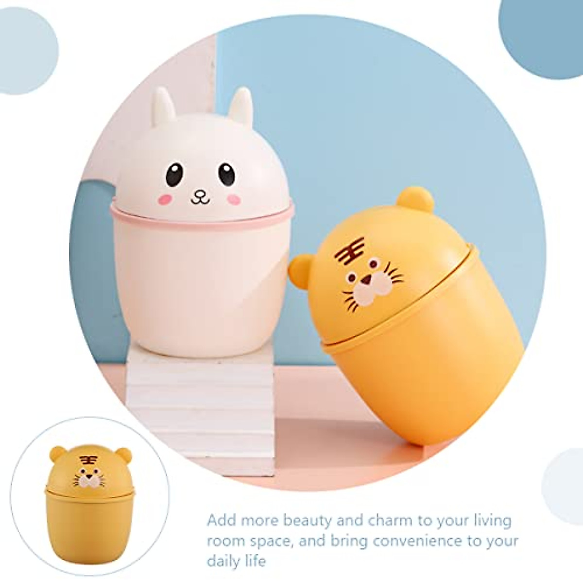 Housoutil Car Trash Bin Mini Trash Can with Lid Rabbit Shaped Desk Mini Garbage Container Cute Desktop Basket Can Closable Trash Bin for Office Bedroom Plastic Containers