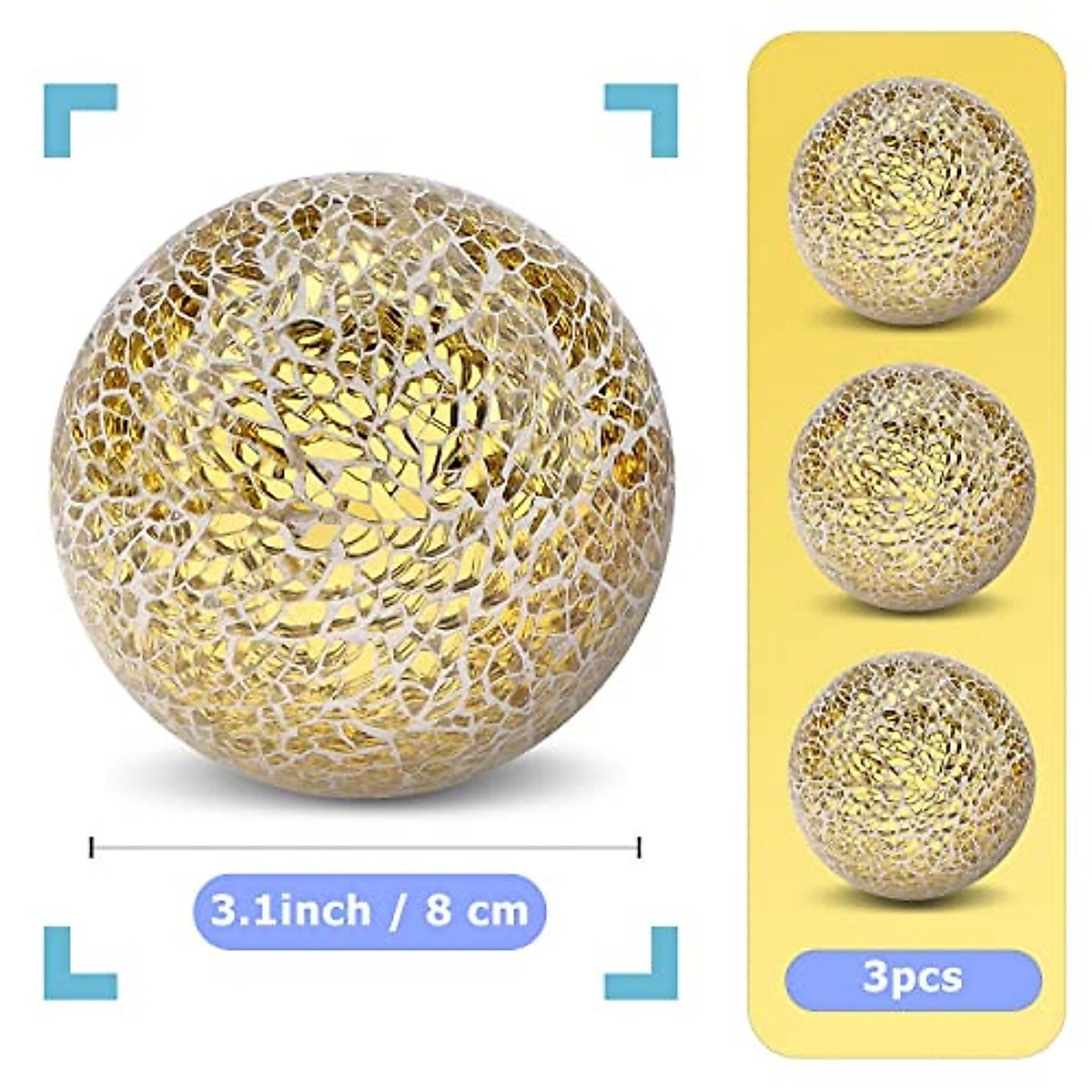Kepfire 3Pcs Mosaic Glass Sphere 3.15 Inch Round Crackl Orbs for Bowls Vases Dining Table Centerpiece Home Decoration - Gold