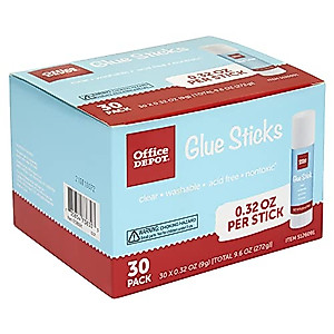Office Depot® Brand Glue Sticks, 0.32 Oz, Clear, Pack Of 30 Glue Sticks