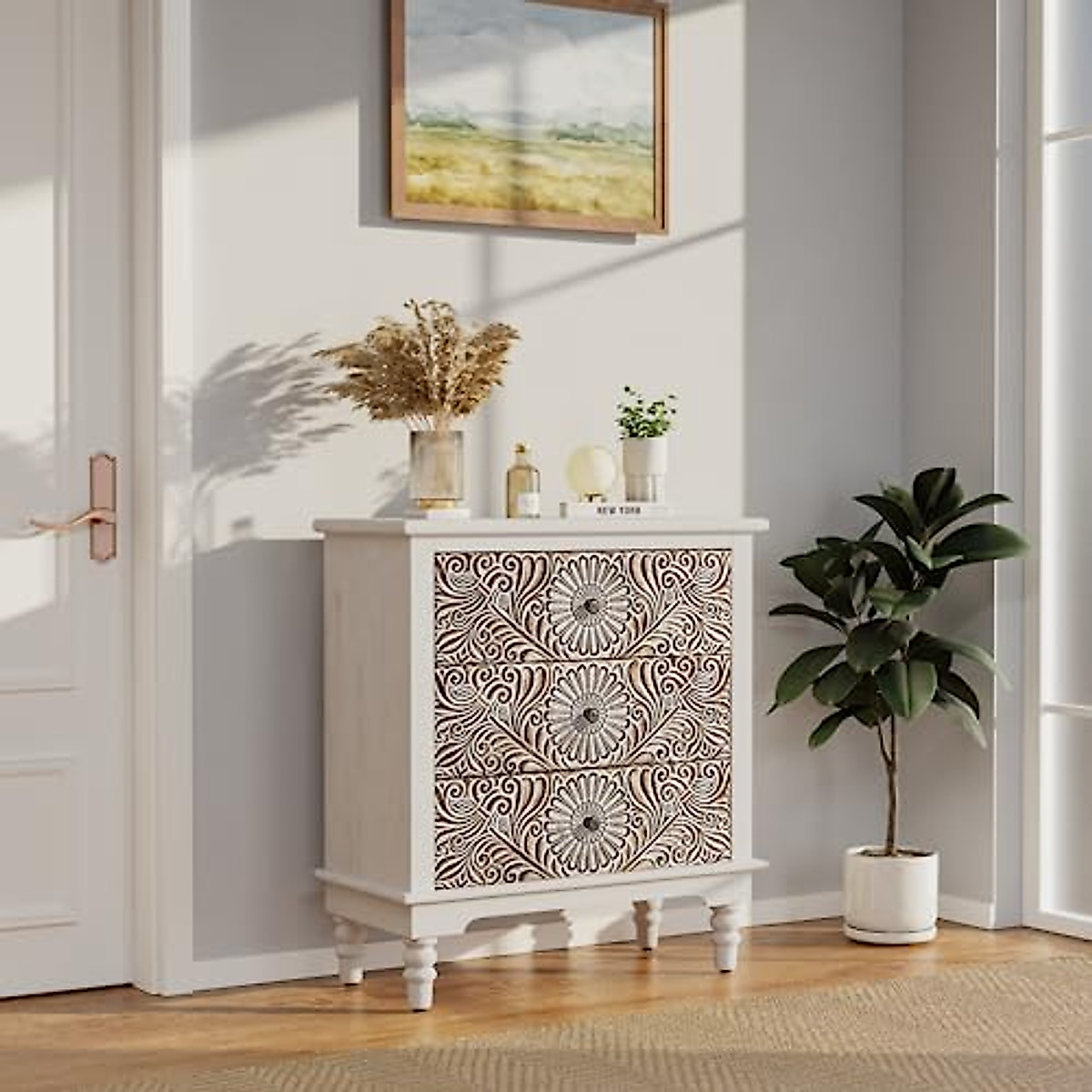 COSIEST 3 Drawers Accent Dresser, Vintage Small Accent Chest with 4 Wood Legs, Free-Standing Buffet Server Nightstand End Table for Bedroom, Living Room, Entryway