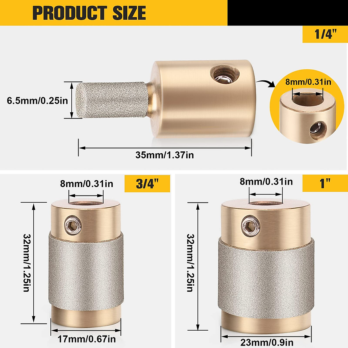 1 3/4 1/4 Inch Stained Glass Diamond Grinder Bit Head Tools 3 Sizes Brass Core Stained Glass Grinder Bits & Diamond Grinder Bit Head Tools, Stain Glass Tools and Supplies for Stained Glass