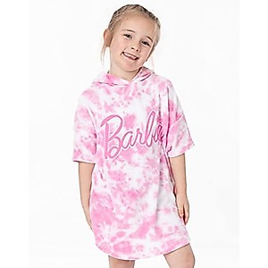 Barbie Girls Towel Poncho | Kids Pink Tie Dye Wearable Bath Towel | Doll Graphic Changing Robe | Cosy Swimwear Beach Cover Up