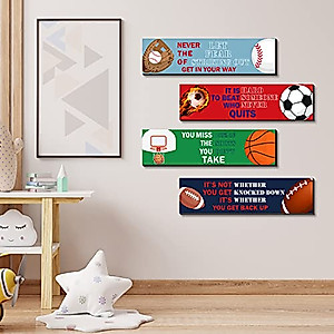 Sport Motivational Quote Wall Art(pack of 4), Basketball Football Baseball Soccer Sport Hanging Wall Prints Plaques, Sport Themed for Boy's Bedroom Playroom Classroom Living Room Decoration