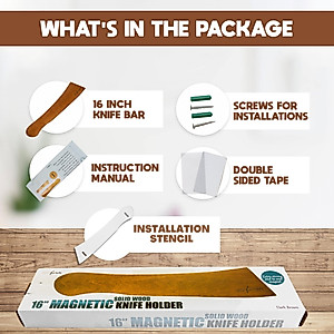 Magnetic knife holder for wall no drill - 16" Wooden knife magnetic strip no drilling option w/adhesive backing & drilling hardware | Magnetic knife strip | kitchen knife organizer rack -Light Brown