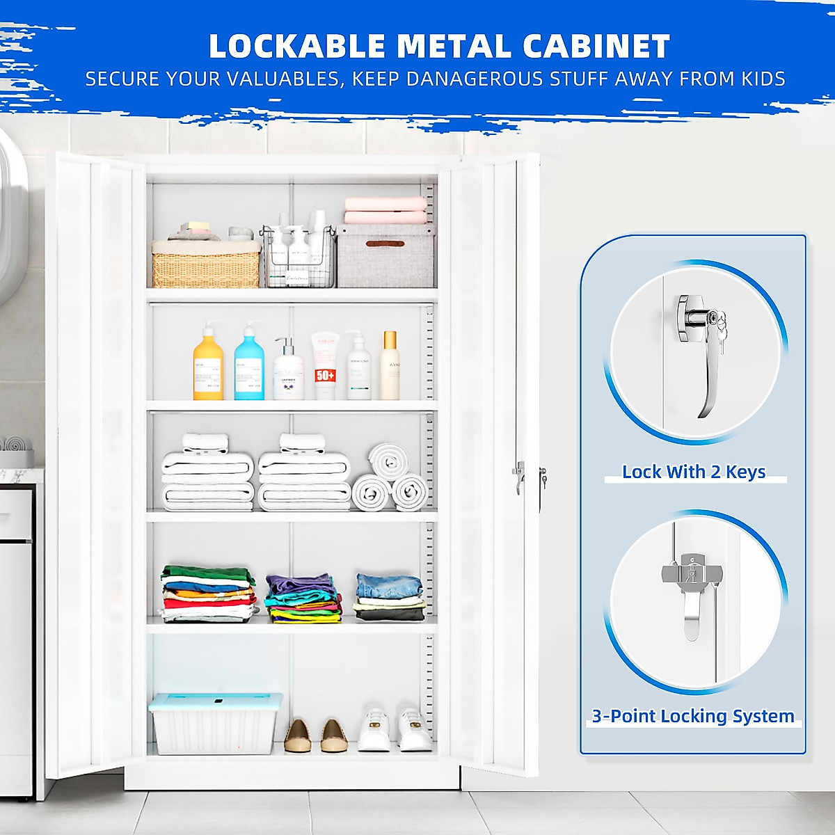 Superday Locking Metal Cabinet 72"×36"×18", Tall Storage Cabinet with 2 Doors and 4 Shelves, Large Metal Steel Utility Cabinet for Office File Bathroom Medicine Garage Pantry (White)