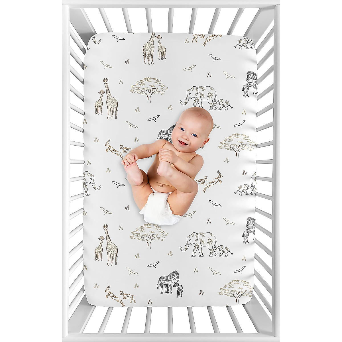 Sweet Jojo Designs Jungle Safari Animals Boy Girl Fitted Mini Crib Sheet Baby Nursery Portable Crib Pack Play Brown Taupe Black and White Gender Neutral Elephant Giraffe Wildlife Adventure Serengeti