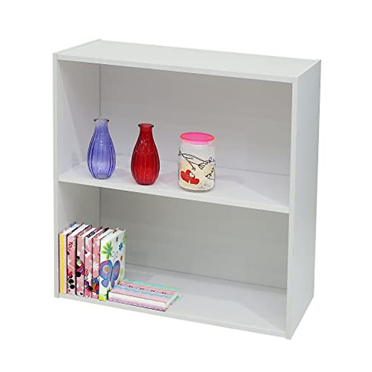 KB Designs 2 Tier Open Shelf Bookcase Storage Organizer, White Wood, Contemporary.