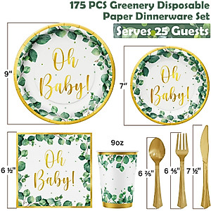 Ecomore Sage Greenery Baby Shower Party Supplies - 175 PCS Boho Neutral Disposable Dinnerware Set (25 Guest) with OH Baby Paper Plates Napkins Cup Plastic Fork Knives Spoon for Boy Girl Birthday Party