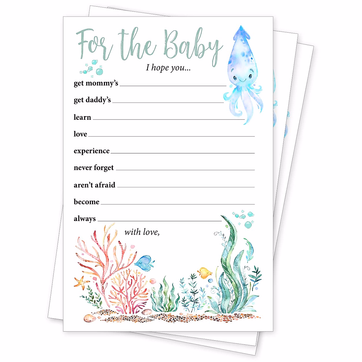 Baby Shower Advice Sea Animals (40 Pack) Guest Wishes for Baby, Boy Girl Gender Neutral, Ocean Life Theme Wisdom Prediction Keepsake Notepaper (4x6 Soft Cotton Stationery Prints)
