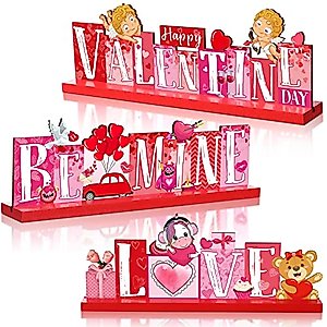 3 Pieces Valentines Table Decoration Love Table Centerpiece Sign Be Mine Heart Wooden Sign Valentine Day Gift for Wedding Anniversary Dining Room Romantic Decor Party Supplies