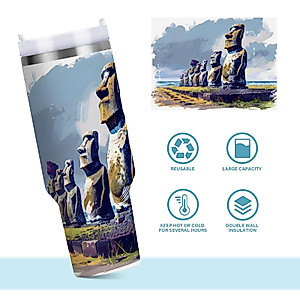 KUEJOP Stainless Steel Vacuum Insulated Tumbler Moai Statues Water Bottle with Lid and Straw