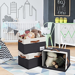 PFFVRP Extra Large Storage Bins with Lids, Foldable Fabric Storage Baskets with Lids, Sturdy Storage Boxes with Labels and 3 PU Handles for Closet Home Bedroom Office (32L, 3 Packs, Black&White)