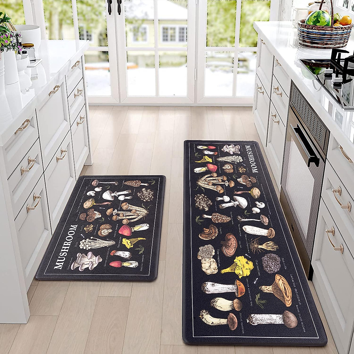 ASPMIZ Mushrooms Kitchen Mat Set Anti Fatigue 2 Piece, Non-Skid Waterproof Kitchen Mats and Rugs Cushioned, Washable Black Kitchen Rug Floor Comfort Mats for Kitchen Home, 48" x 18" + 30" x 18"