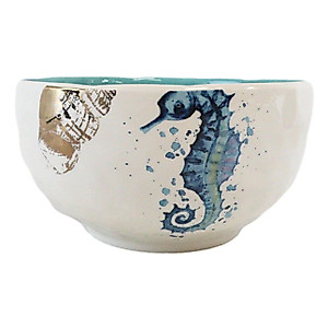 Ebros Nautical Marine Coastal Sea Life Blue And White Seahorse Ceramic Dinnerware For Beach Party Hosting Kitchen And Dining Earthenware Serveware (Large Pasta Noodles Salad Soup Serving Bowl 95oz)