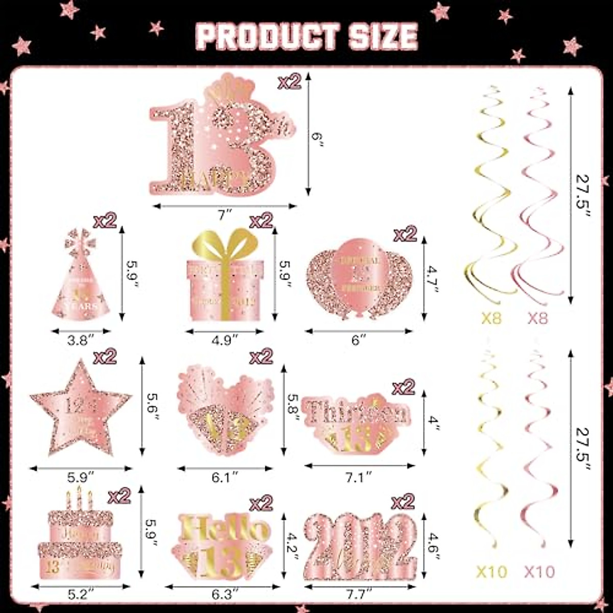 36PCS Pink Rose Gold 13th Birthday Decorations Hanging Swirls for Girls, Happy 13th Birthday Party Supplies Vintage 2012 Foil Swirls,Thirteen Years Old Birthday Ceiling Hanging Decorations Party Decor