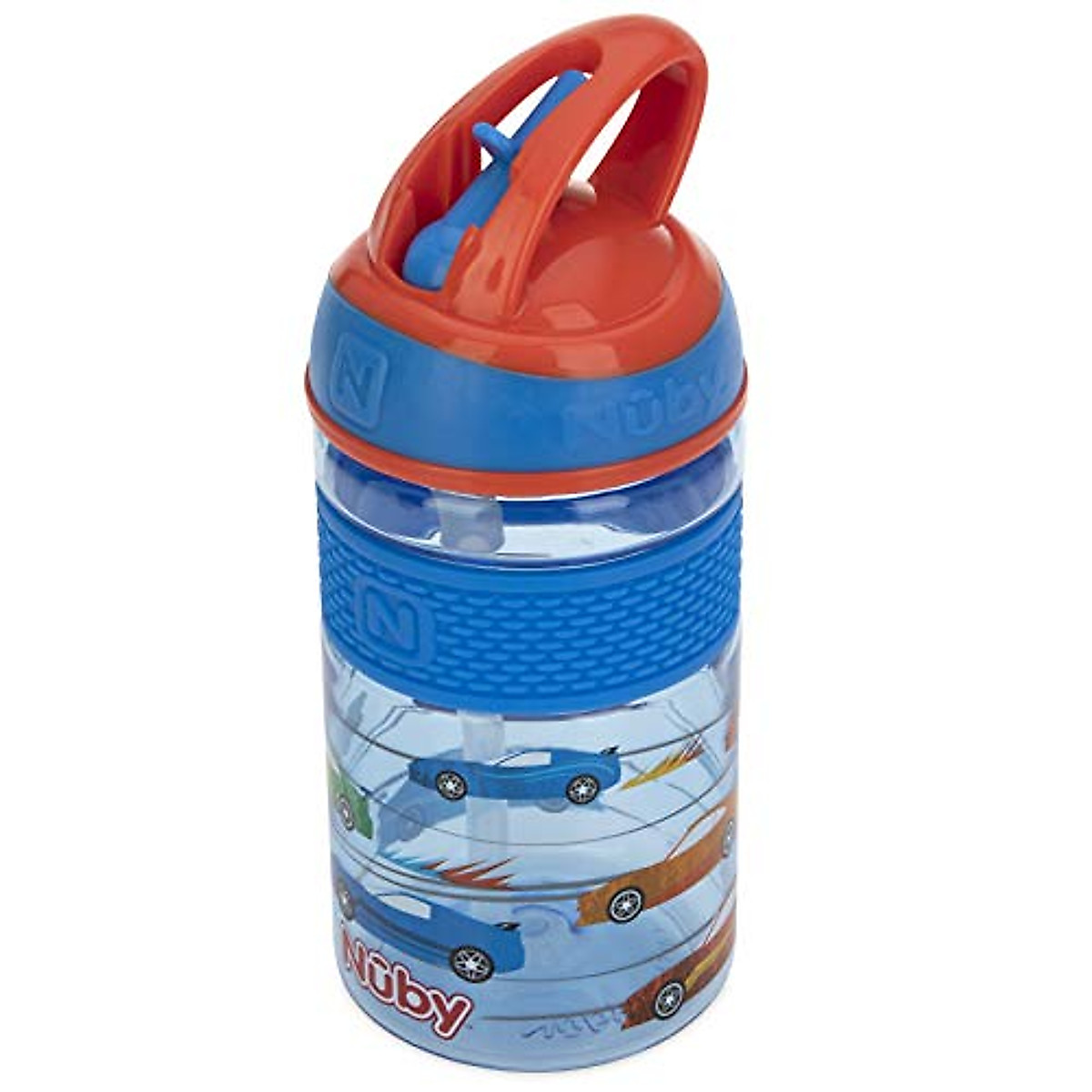 Nuby Thirsty Kids Flip-it Freestyle 12 oz Water Bottle with Bite Resistant Hard Straw, Blue Cars