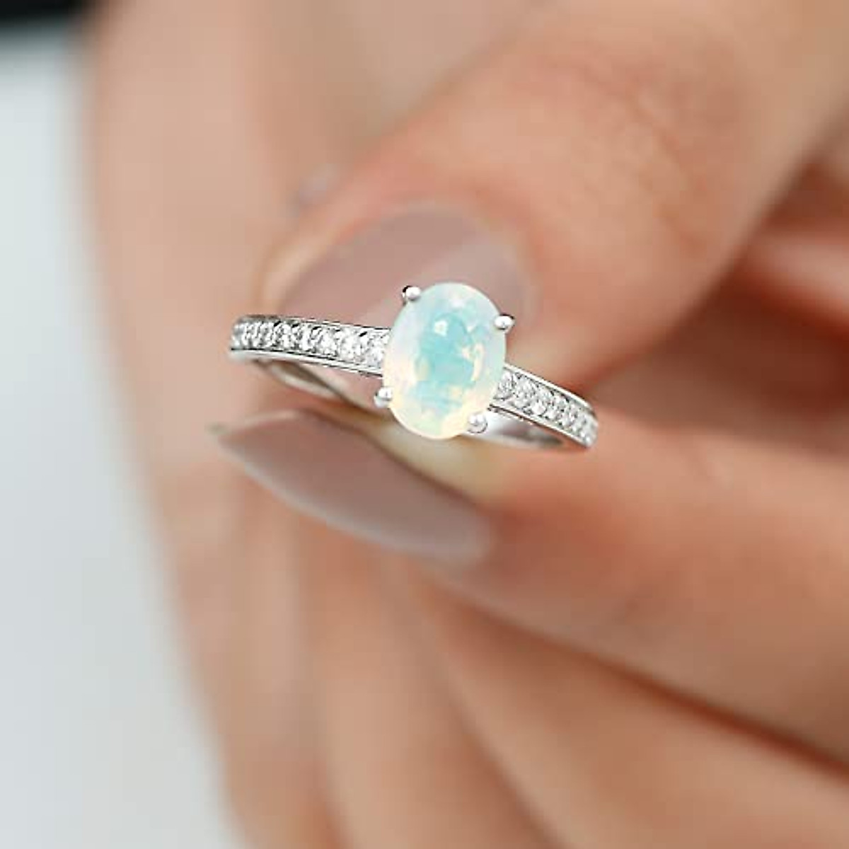 Certified Natural Opal 6X8mm Oval Shape Engagement Ring with Diamond, AAA Quality - With Jewelry Box, 14K White Gold, Size:US 6.00